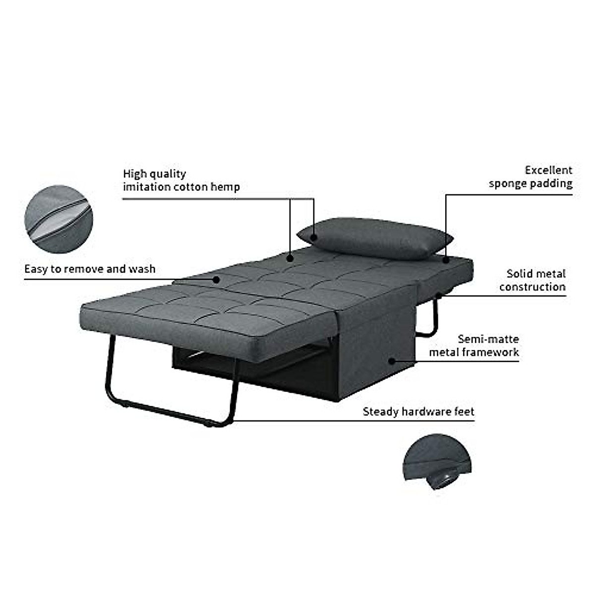 Ainfox Sofa Bed, 4 in-1 Sleeper Chair Bed Multi-Function Folding Convertible Couch Chair Ottoman Bed for Apartment, Small Space (Deep Grey)