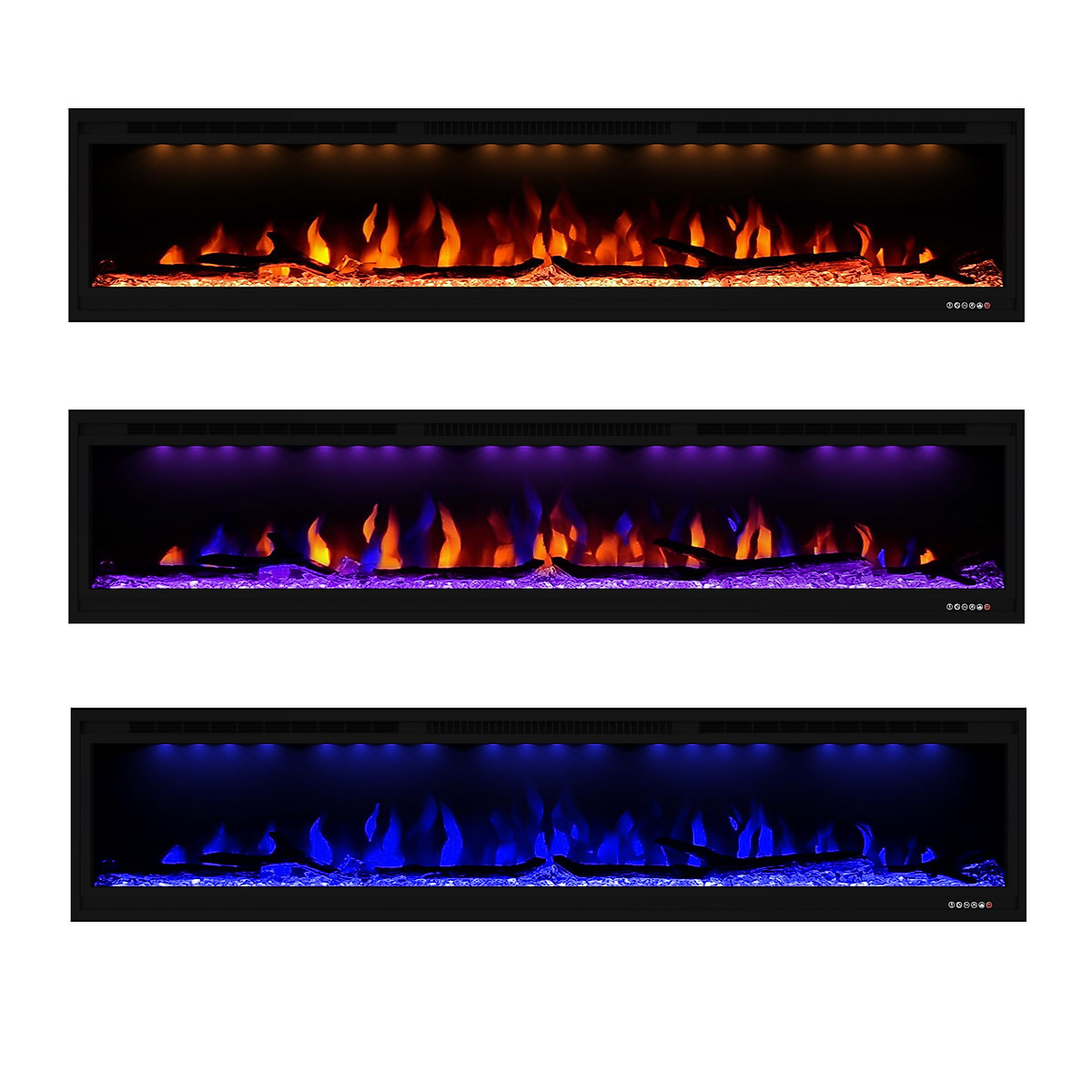 Masarflame Luxurious 74" Electric Fireplace, Wall Mounted&in Wall Recessed Fireplace Heater, Adjustable Flame Color & Top Light, Remote&Touch Control with Timer&Thermostat, Log & Crystal Set