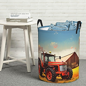 Company Farm Tractor Printed Circular Laundry Basket, Foldable Oxford Cloth Tote Bag Laundry Hamper, Toy Organizer, For Bathroo/Laundry Storage/Bedroom Storage/Medium