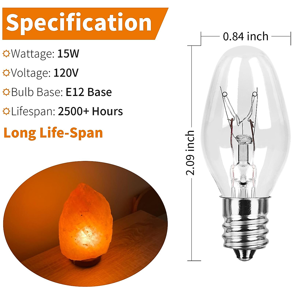 COLWATT 15-Pack Salt Lamp Bulbs, 15 Watt Light Bulb for Himalayan Salt Lamp Baskets, 120V C7 Small Night Light Bulbs, 2200K Warm White, Dimmable