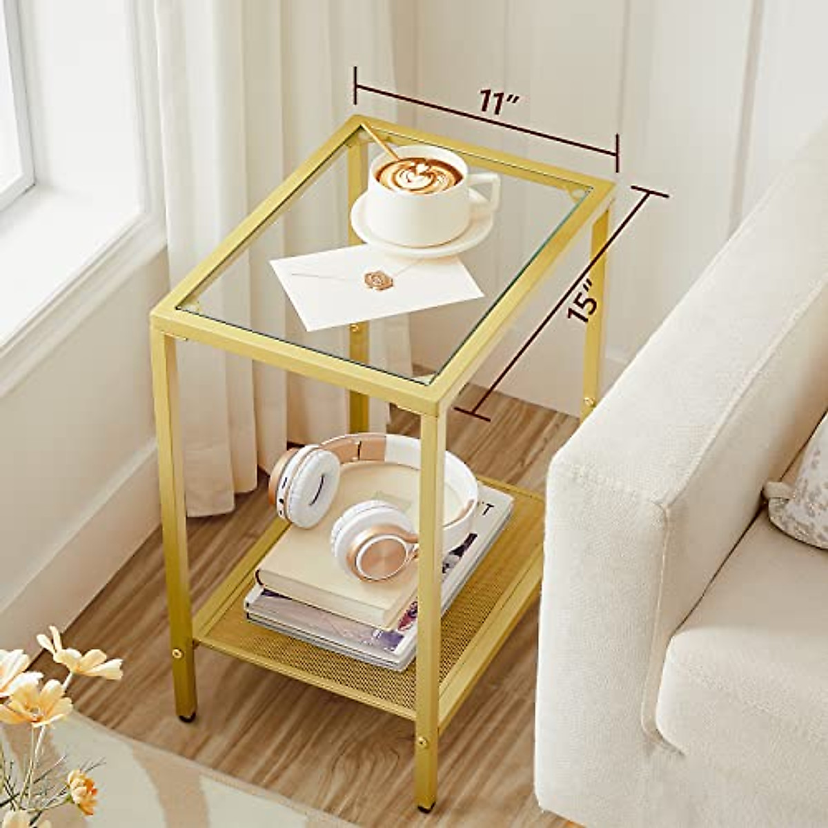 MAHANCRIS End Table, 2-Tier Beside Table with Mesh Shelf, Sofa Side Table with Tempered Glass Top, TV Tray Table for Small Space, Snack Side Table, Nightstand for Bedroom, Living Room, Gold ETJ24B01