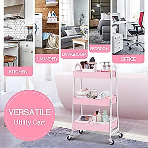 3-Tier Utility Rolling Cart with Large Storage and Metal Wheels for Office,Kitchen,Bedroom,Bathroom,Black,Pink,White
