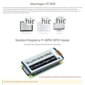 Waveshare 2.13inch E-Paper Display HAT Compatible with Raspberry Pi 5/4B/3B/Zero/Zero W/Zero 2W/Pico/Pico W/Pico WH/Jetson Nano, 250x122 Resolution Black/White Dual-Color