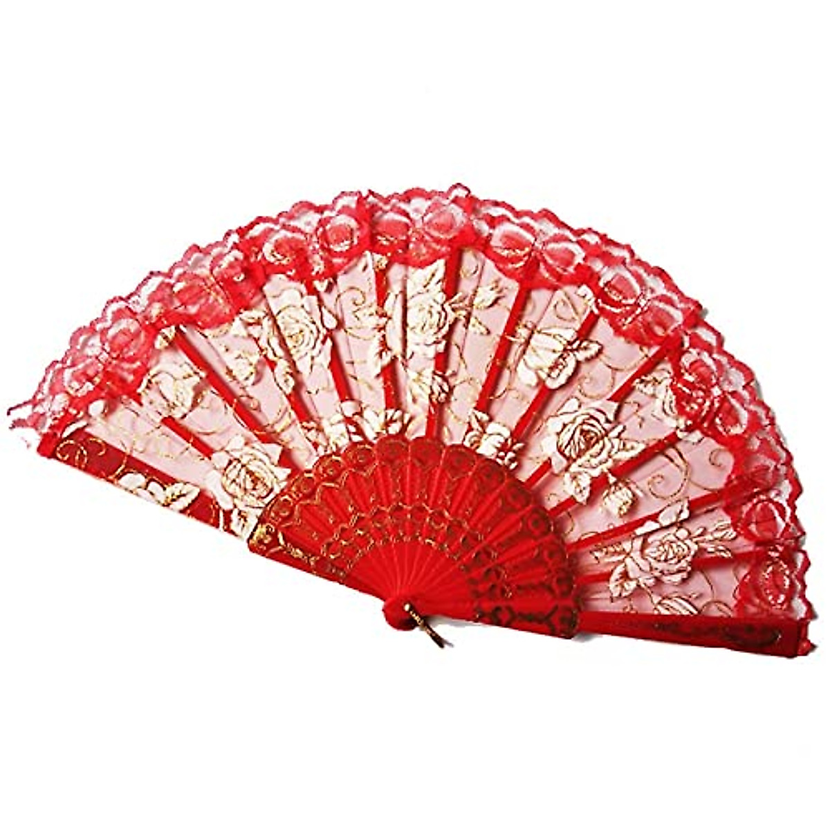 RAZZUM Decorative Folding Fans 1pcs Chinese Style Folding Fan Lace Hand Held Rose Flower Folding Fan Dance Party Wedding Decor Ventilador plegable Christmas fan (Color : Yellow)