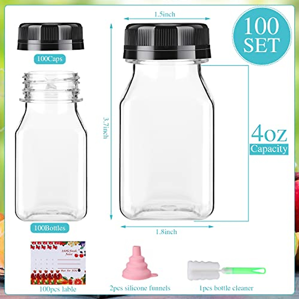 Potchen 100 Pcs 4 oz Empty Plastic Juice Bottles with Caps Mini Clear PET Water Reusable Drink Containers Lids for Juice, Smoothie, Milk, Tea and Homemade Beverages Labels, Funnels Brush