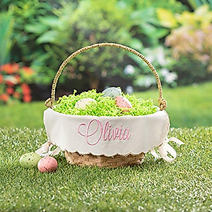 Personalized Easter Egg Basket with Handle and Custom Name in Pink Script | Scallop Edge Linen Easter Basket Liners | Tan Basket | Woven Easter Baskets for Kids and Adults | Customized Easter Basket