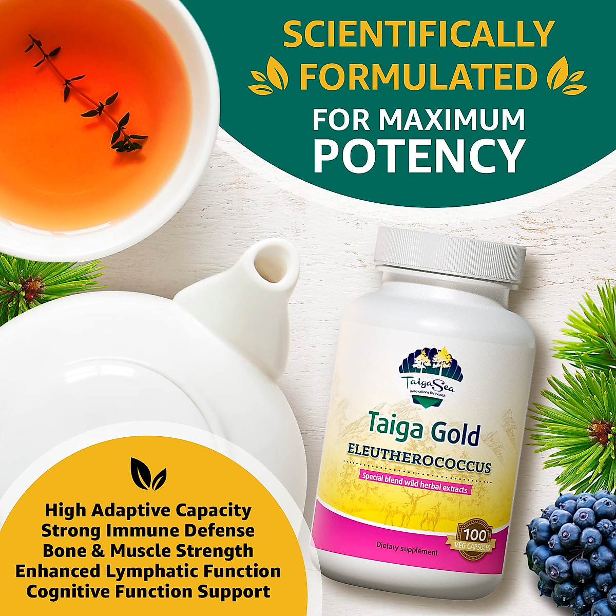 TAIGASEA Wild Eleuthero Root Extract, Herbal Extract Blend with Eleutherococcus for Immunity and Physical Shape, Stamina and Endurance, 100 Vegeterian Capsules