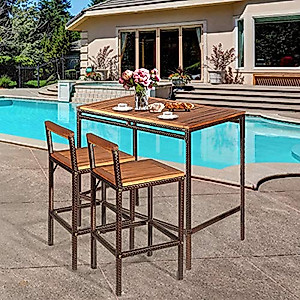 HAPPYGRILL 3-Pieces Outdoor Wicker Rattan Bar Set, Acacia Wood Patio Dining Furniture Set with 2 Chairs for Poolside Backyard Patio Balcony