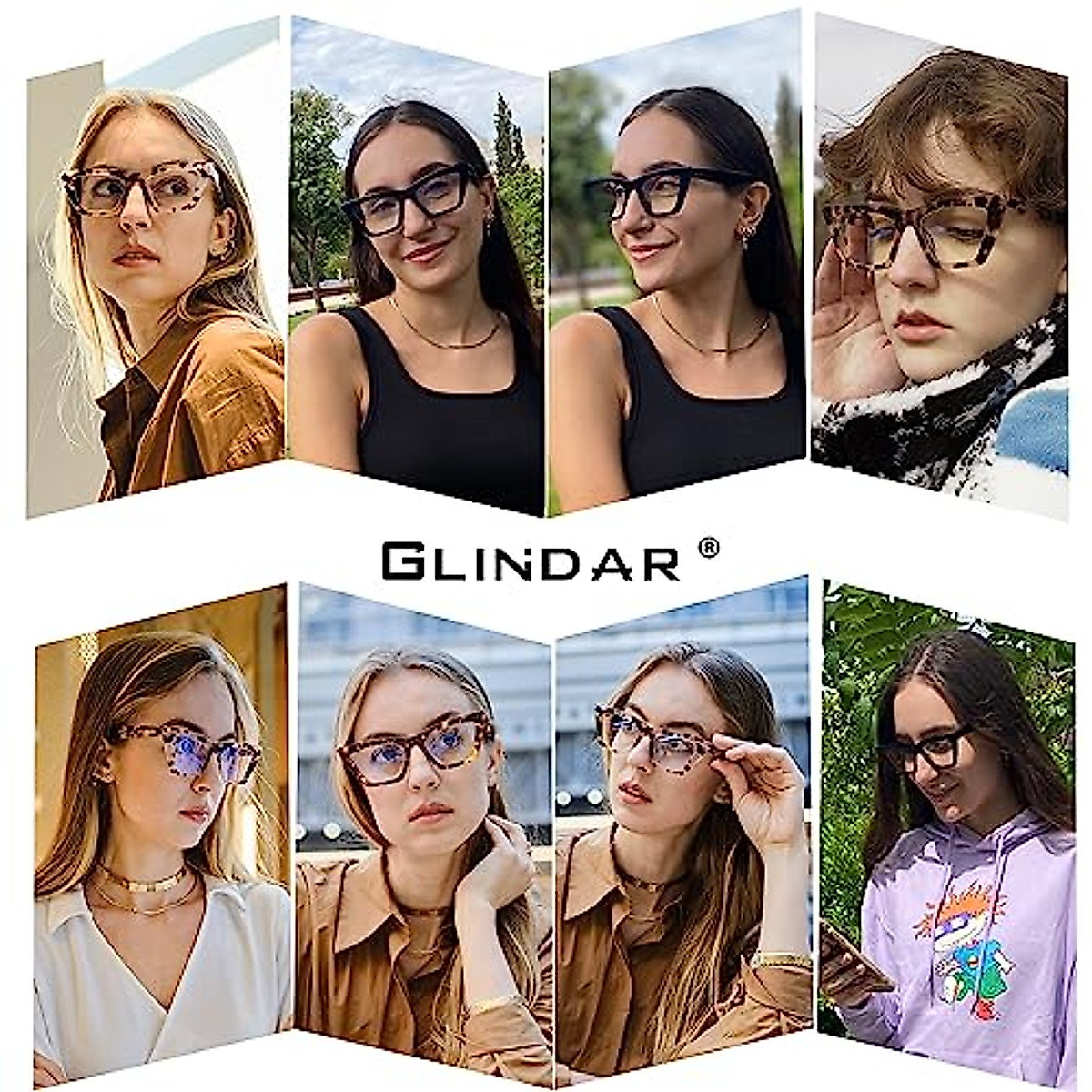 GLINDAR Cat Eye Blue Light Blocking Glasses Vintage Narrow Square Computer Eyeglasses Acetate Frame Tortoise