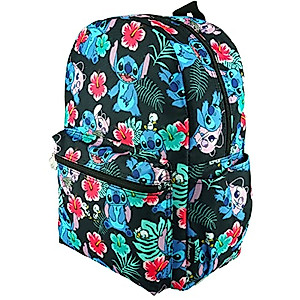 Lilo and Stitch 16 Inch Allover Print Backpack with Laptop Sleeve (Black W/Side Pockets)