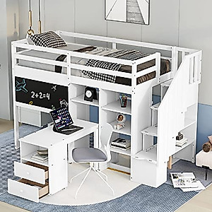 TARTOP Twin Size Loft Bed with Pullable Desk and Storage Shelves Under Bed,Wood High Loft Bed with Staircase and Blackboard, Twin Size Loft Bed Frame for Kids, Teens, Adults, White