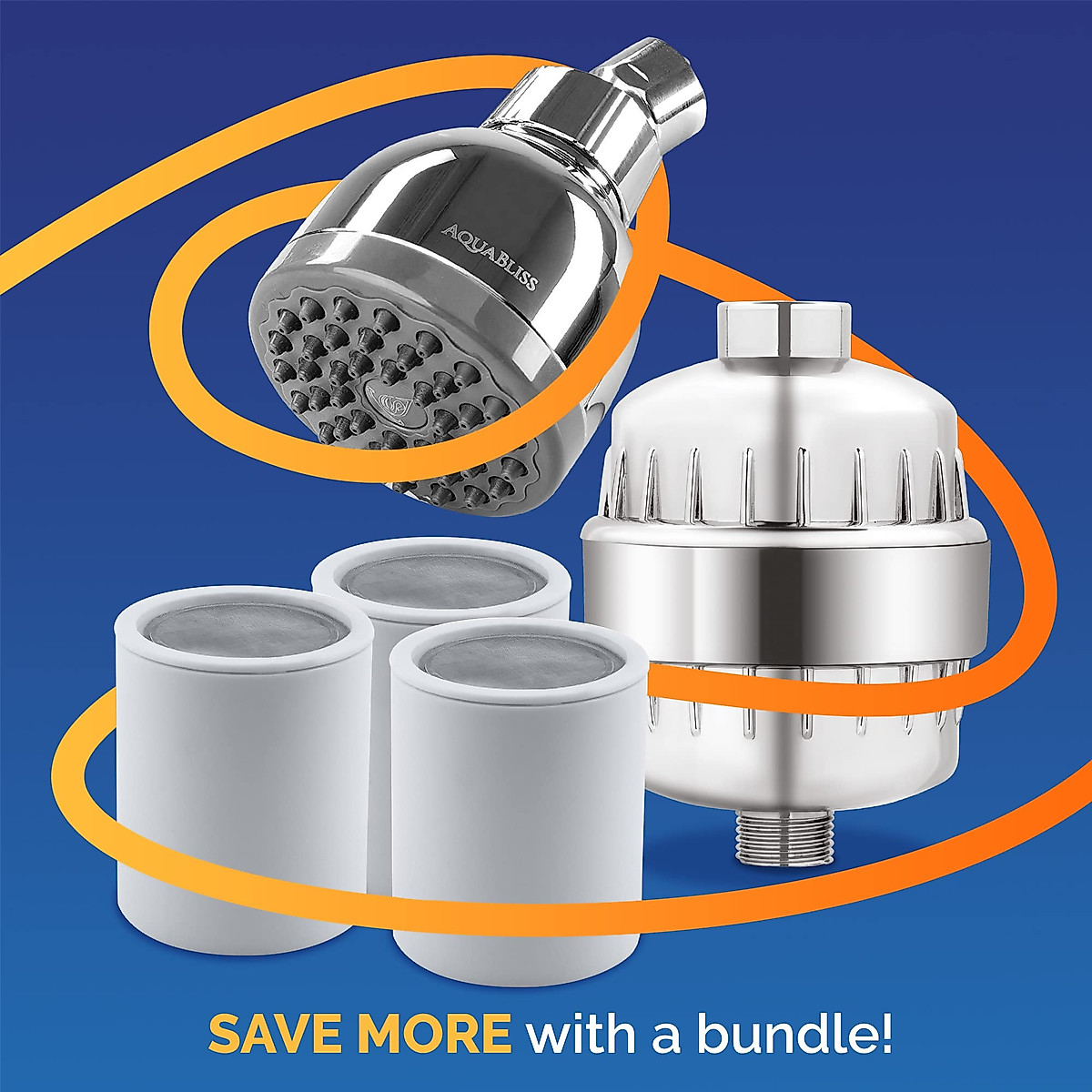 AquaBliss SF100 High Output Revitalizing Shower Filter & TurboSpa 3 Inch High Pressure Shower Head w/Flow Restrictor Plus 3 AquaBliss Replacement Cartridge SFC100 High Output Multi Stage Filter