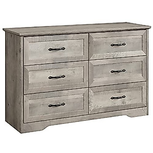 IDEALHOUSE Dresser for Bedroom with 6 Drawers, Wood Drawer Dresser Chest of Drawers for Closet, Living Room, Hallway, Nursery, Kids Bedroom, Grey