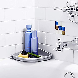 madesmart Plastic Bathtub Corner Shelf for Expanded Soap Storage Space, Storage Shelf for Bathtub Corner with Drainage Holes, Gray