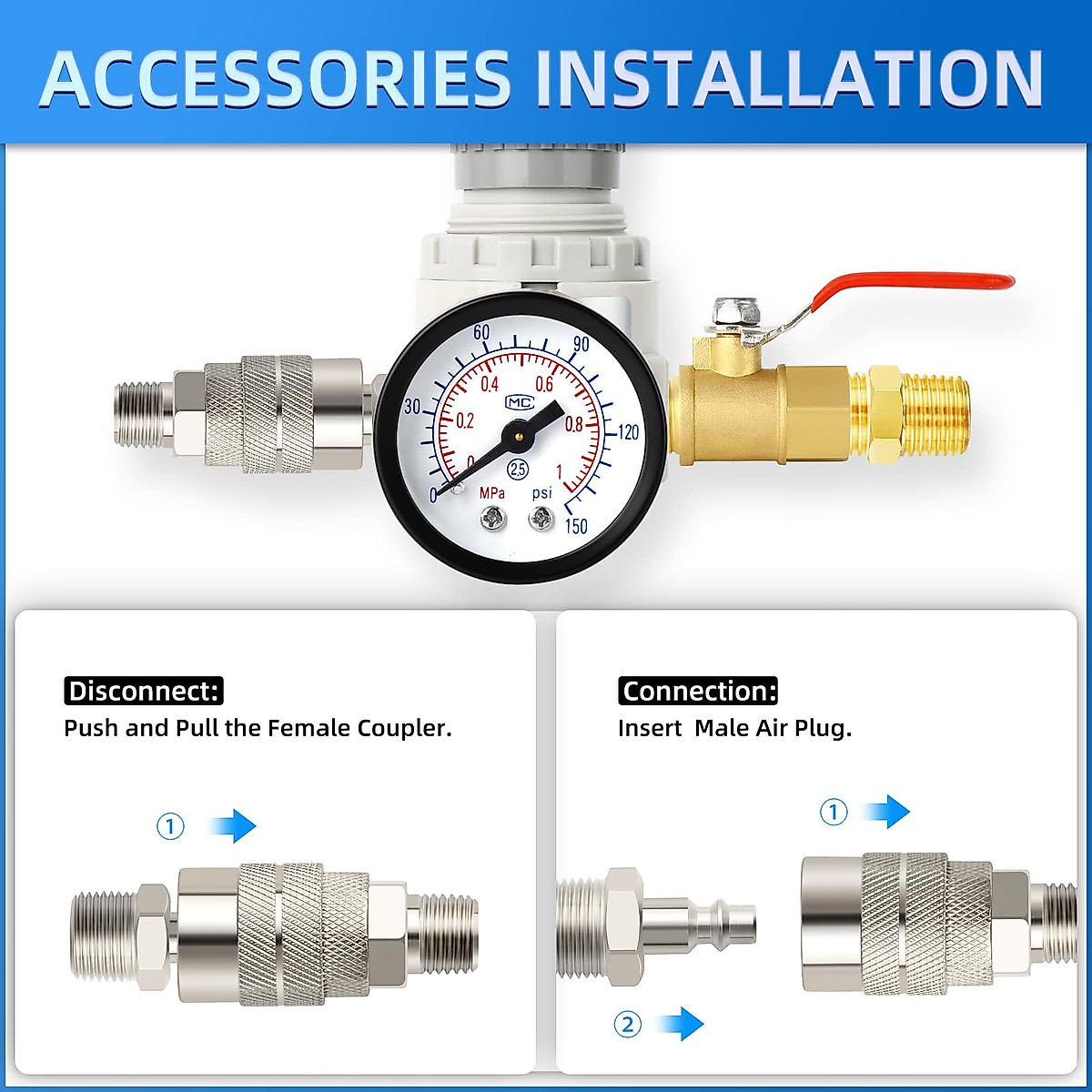 MEANLIN MEASURE 1/4 Inch NPT Air Compressor Regulator with Gauge, 0-150 PSI AR2000 Air Gauge Regulator Inline for Air Compressor and Pneumatic Tools