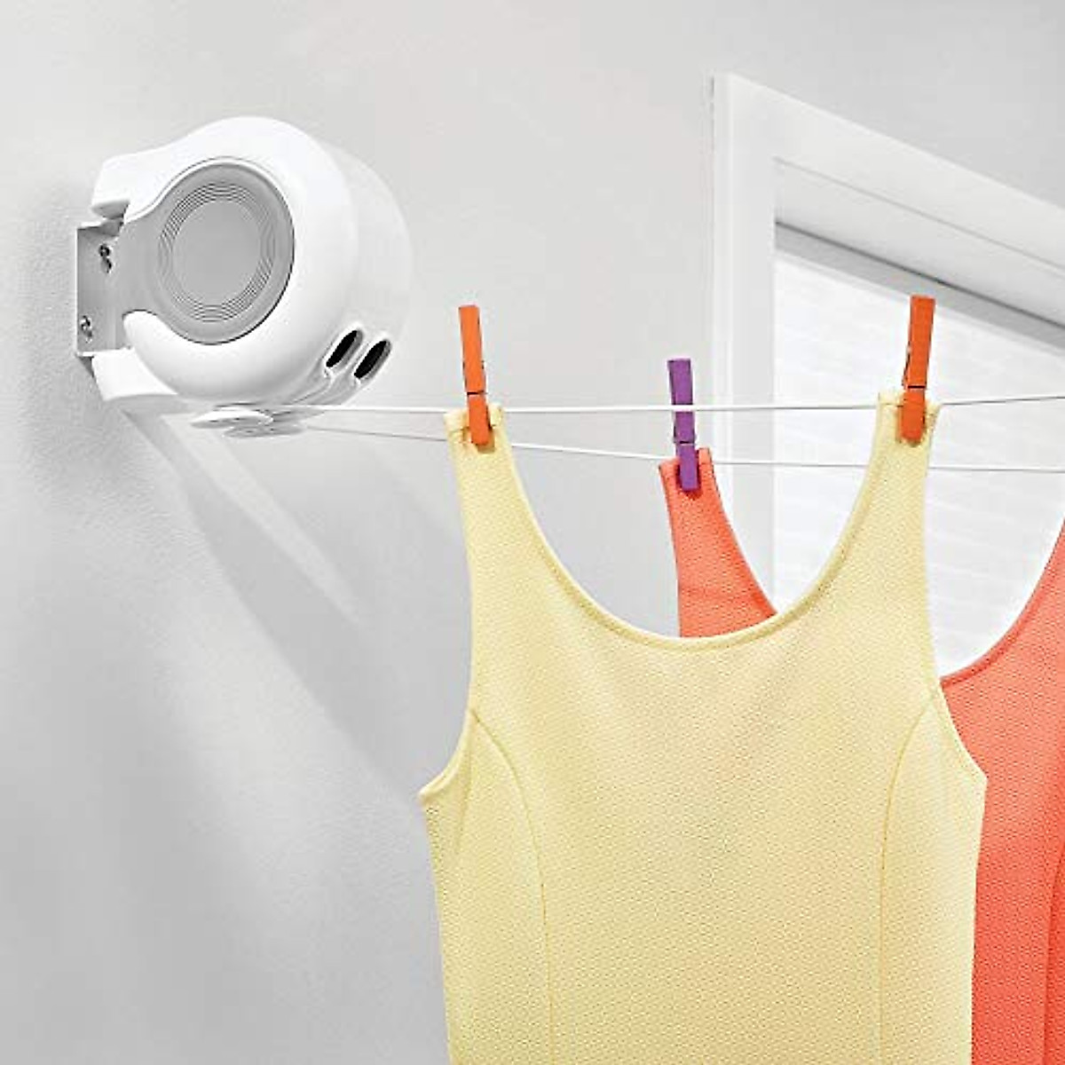 mDesign Indoor/Outdoor Retractable Clothesline - Adjustable 42ft Double Lines - Durable Plastic Reel Dryer for Hanging Wet or Dry Clothes in Bathroom, Laundry, Patio, Balcony - Portable - White