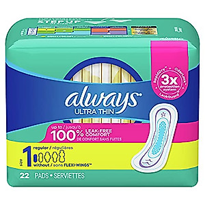 Always Ultra Thin Regular Without Wings, Unscented Pads, Multicolor, 22 Count (Pack of 4)