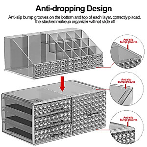 Awenia 4 Pack Stackable Makeup Organizer[Upgraded],Acrylic Cosmetics Storage Large Capacity with 11 Drawers For Brush Holder,Perfume or Jewelry Display,Plus Size| Ship from USA(Gray)