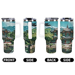 Korean Architecture Palace of Koreas Insulated Tumbler with Handle Stainless Steel Travel Coffee Mug with Lid And Straw 40oz