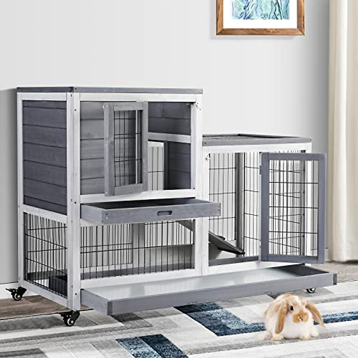 BESTDOOR 43.3'' Rabbit Hutch, Wood Indoor Rabbit Cage On Brake Wheel, Outdoor Large Rolling Bunny Hutch w/Run, Small Animal Guinea Pig Hamster Hedgehog House w/2 Deeper No Leak Tray (Grey White)