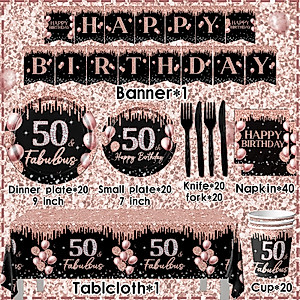 142Pcs 50th Birthday Tableware Decorations,Black Rose Gold Tableware Set 50th Birthday Plates and Napkins Cup Rose Gold Tablecloth Happy Birthday Banner for Women Birthday Disposable Supplies Serve 20