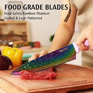 hecef 14 Pieces Knife Set with Block, Rainbow Titanium Knives Set with Laser Pattern, Martensitic Stainless Steel Chef Knife Set with Sharpener, Steak Knife, Scissors, Mothers Day Gift