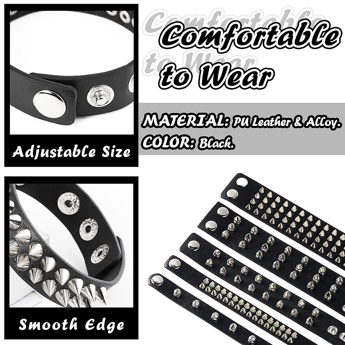 6 Pieces Punk Studded Bracelet Goth Bracelet Leather Rivets Spike Bracelet Cuff Adjustable Metal Wristband Gothic Accessories for Men Women Halloween