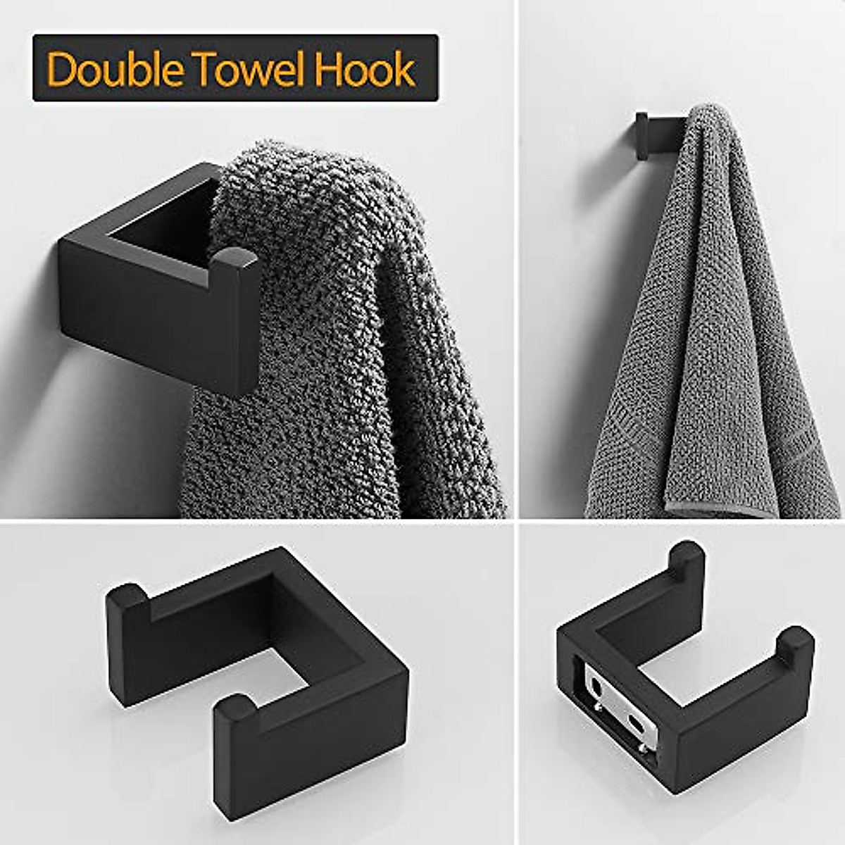 BESy 4 Piece Bathroom Accessories Set (23.6'' Towel Bar, Hand Towel Holder Towel Rack, Toilet Paper Holder, Double Towel Hooks), Wall Mounted Bath Hardware Fixtures Set, Stainless Steel/Matte Black