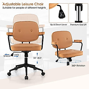 Giantex Mid Century Leather Office Chair Orange, Height Adjustable Desk Chair with Rocking Backrest & Padded Armrest, Upholstered Swivel Leisure Task Chair, Modern Rolling Chair for Home Office
