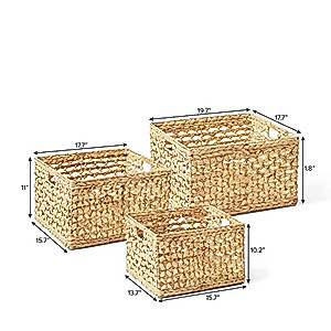Artera Oversize Wicker Storage Basket - Set of 3 Woven Water Hyacinth Blanket Baskets with Handle, Rectangular Natural Nesting Floor Storage Bins for Living Room, Bedroom or Laundry Room