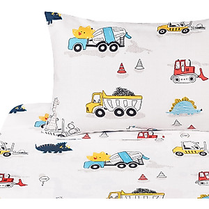 J pinno Dinosaur Construction Work Digger Cars Vehicle Cute Cozy Fun Twin Sheet Set for Kids Girls Children, 100% Cotton, Flat Sheet + Fitted Sheet + Pillowcase Bedding Set (Dinosaur, Twin)