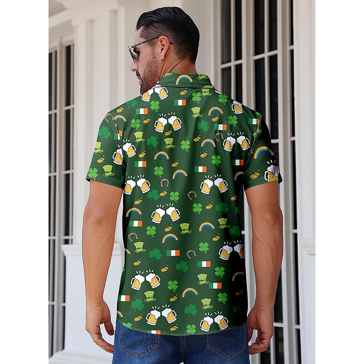 uideazone Hawaiian Shirt for St.Patrick's Day Men Button Down Green Shirt Short Sleeve Tropcial Shirts