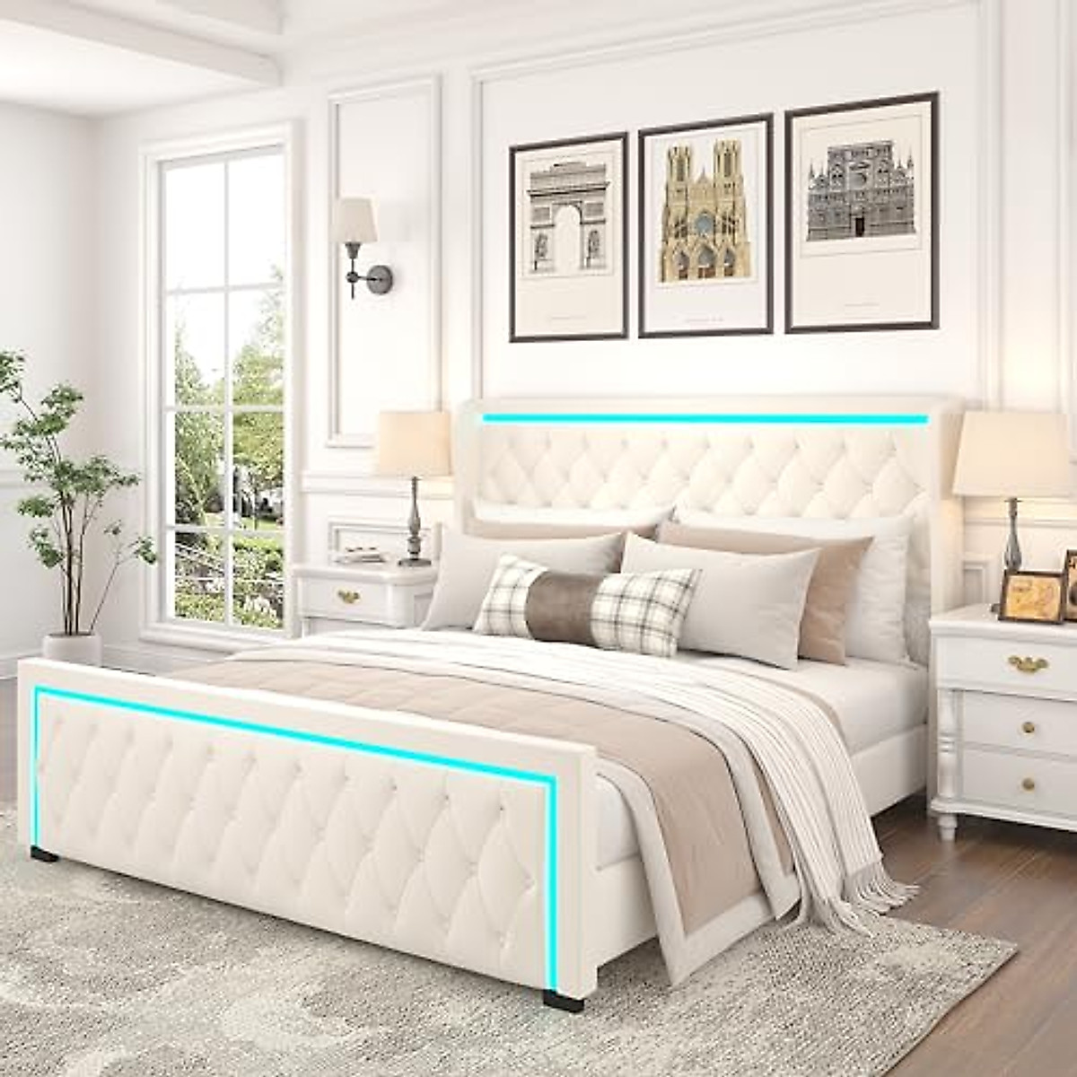 DNYN Upholstered Velvet Queen Size Platform Bed with High Headboard & LED Light Design,Solid Wood Bedframe w/Deep Tufted Buttons & Wide Wingbacks,Perfect for Bedroom,Guest Room, Beige