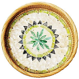 Round Rattan Woven Tray Basket with Chromatic Shell Wooden Base and 2”Wall, 12 Inch Rolled Wicker Coffee Table Serving Tray Décor Circle with, Handmade Display Basket for Dining Room, L, Exxacttorch