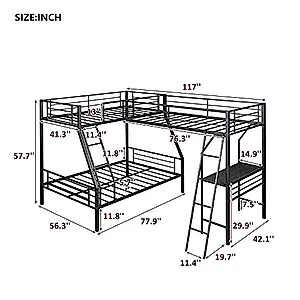 JJRY L-Shaped Metal Twin Over Full Bunk Bed with A Twin Size Loft Bed Attached A Desk and Two Inclined Ladders, Black
