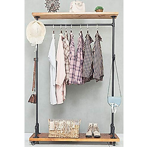BIXIRAO Industrial Pipe Clothing Rack on Wheels, Rolling Iron Garment Racks with Wood Shelves, Commercial Heavy Duty Clothing Racks, Steampunk Clothes Rack Retail (Two Tiers 002)