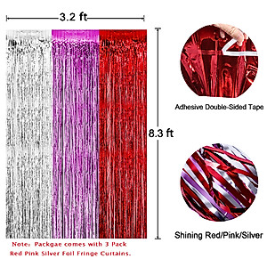 3 Pack Red Foil Fringe Curtains Valentines Day Party Decoration, 3.3X8.2 ft Silver Pink Red Fringe Backdrop for Valentines Decor Tinsel Fringe Curtain Party Photo Backdrop Streamer for Bachelorette