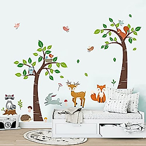 decalmile Woodland Animals Trees Wall Decals Deer Fox Owl Wall Stickers Kids Bedroom Baby Nursery Wall Decor