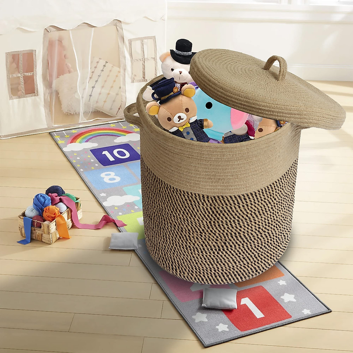 Extra Large Storage Basket with Lid 60L, 16"Wx18"H Woven laundry basket with lid Jute Laundry Basket, Wicker Basket Blankets Pillows Storage in Living Room Baby Nursery, Jute/Black Mix with Lid