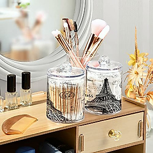 WELLDAY Apothecary Jars Bathroom Storage Organizer with Lid - 14 oz Qtip Holder Storage Canister, Paris Eiffel Tower Clear Plastic Jar for Cotton Swab, Cotton Ball, Floss Picks, Makeup Sponges,Hair Cl