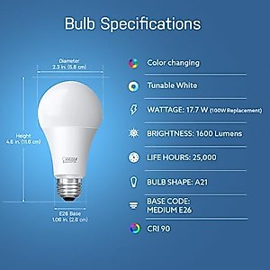 Feit Electric Smart Bulb, 100W Equivalent Color Changing and Tunable White, 2.4Ghz Wifi light bulb, No Hub Needed, Works with Alexa and Google Assistant, High CRI Dimmable LED OM100/RGBW/CA/AG, 1 Pack