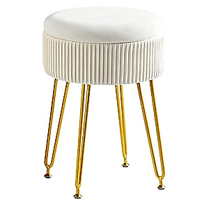 Velvet Storage Ottoman Foot Rest, Upholstered Pleated Round Footrest Vanity Stool with Metal Legs, Coffee Table Top Cover, Modern Accent Stools,Makeup Footstool, Suitable for Living Room and Bedroom