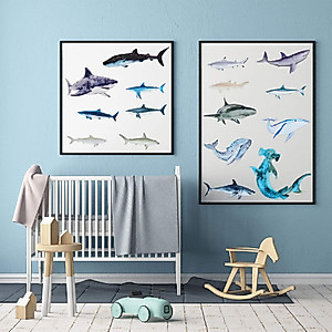 18 Pieces Sharks Peel Shark Wall Decals Removable Wall Stickers Animal Shark Decal Stickers Sea Theme Wall Decor Sticker for Room Bathroom Nursery Home Decor (Cute Style)