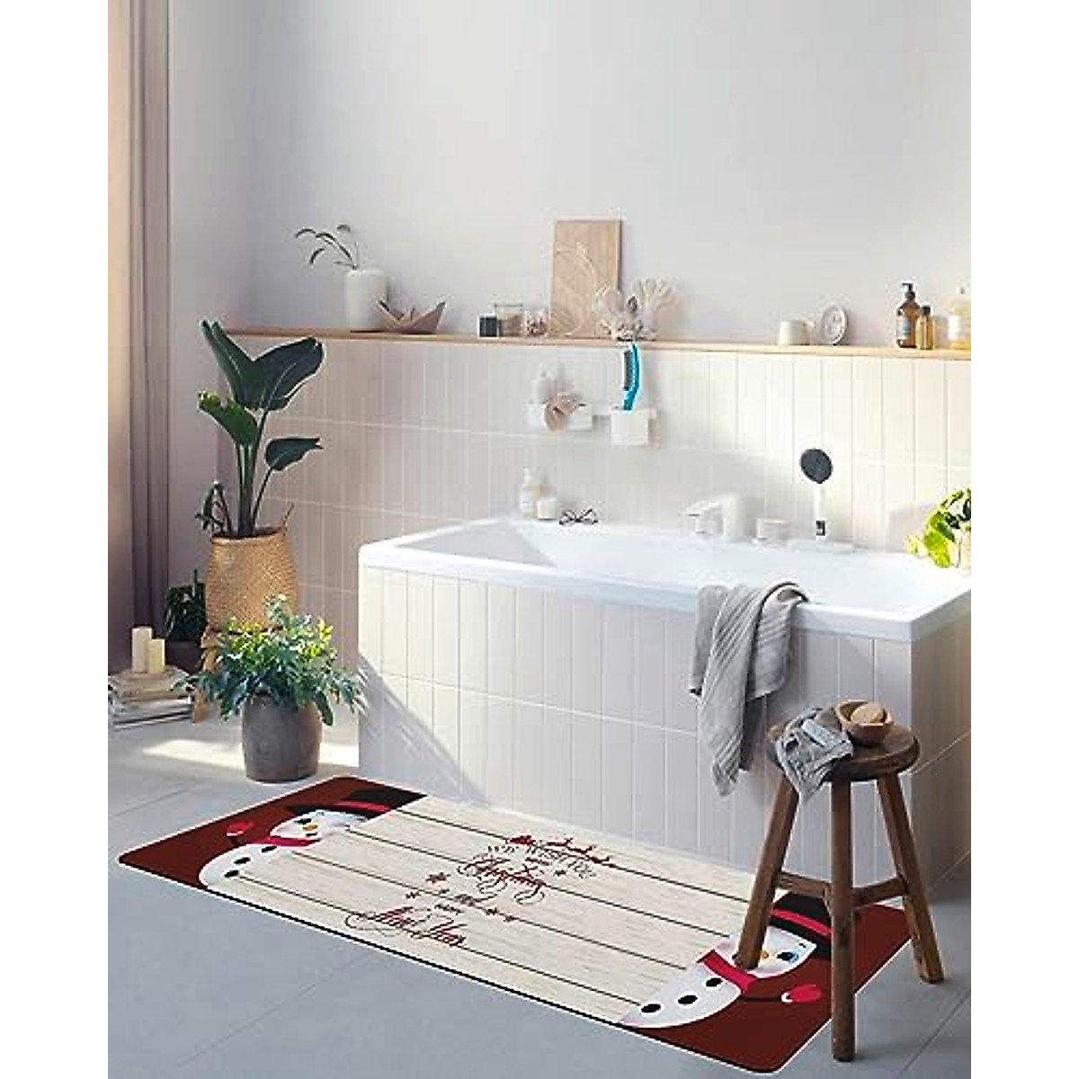 Christmas Bath Mat for Tub,Non Slip Bathroom Floor Runner Rug Quick Dry & Absorbent Diatomaceous Earth Shower Sink Kitchen Washable Doormat,Xmas Snowman Winter Snowflake Santa Reindeer Red 16"x47"