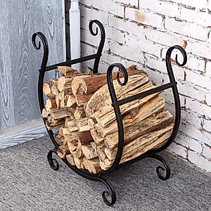 MyGift Black Metal Firewood Rack, Freestanding Fireplace Log Storage Holder with Scrollwork Design