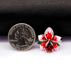 Uloveido Pear Cut Simulated Ruby Single Bloom Rose Flower Comfort Fit Cocktail Ring Platinum Plated Big Floral Rings Wedding Party Jewelry for Women (Size 6) RA627