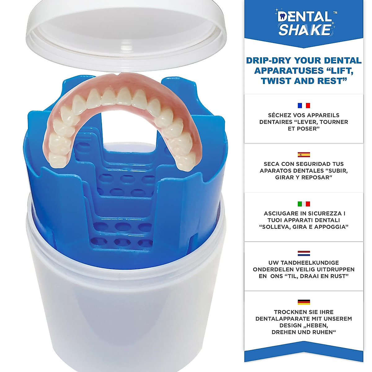 Dental Shake - Shake to Clean Leak Proof Denture Cup, Denture Case and Retainer Holder, Denture Bath and Retainer Cleaner Case, Denture Cleaning Case for Full Dentures