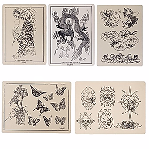 5pcs Tattoo Practice Skin Nontoxic Soft Permanent Makeup Tools For Tattoo Learning Training Summer Stickers(Tiger, Skull, Flower, Lotus , Dragon Tattoos)