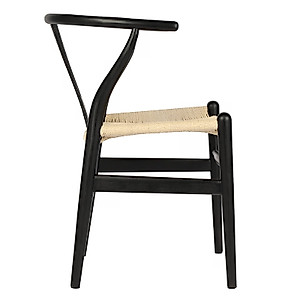 Polynices Wishbone Chair, Weave Modern Solid Wood Mid-Century Y Shaped Backrest Dining Chair (Black + Natural Set of 2)