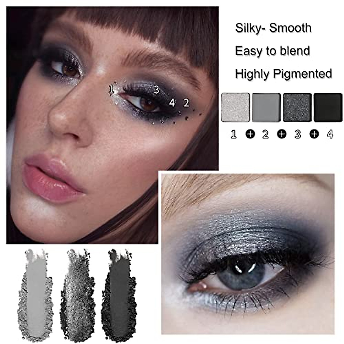 Afflano Smoky Grey Eyeshadow Palette, Highly Pigmented Silver Glitter Black White Gray Smokey Eye Eyeshadow Makeup, Emo Goth Halloween Makeup, Purple Blue Cool Toned Dark Eye Shadow Pallet